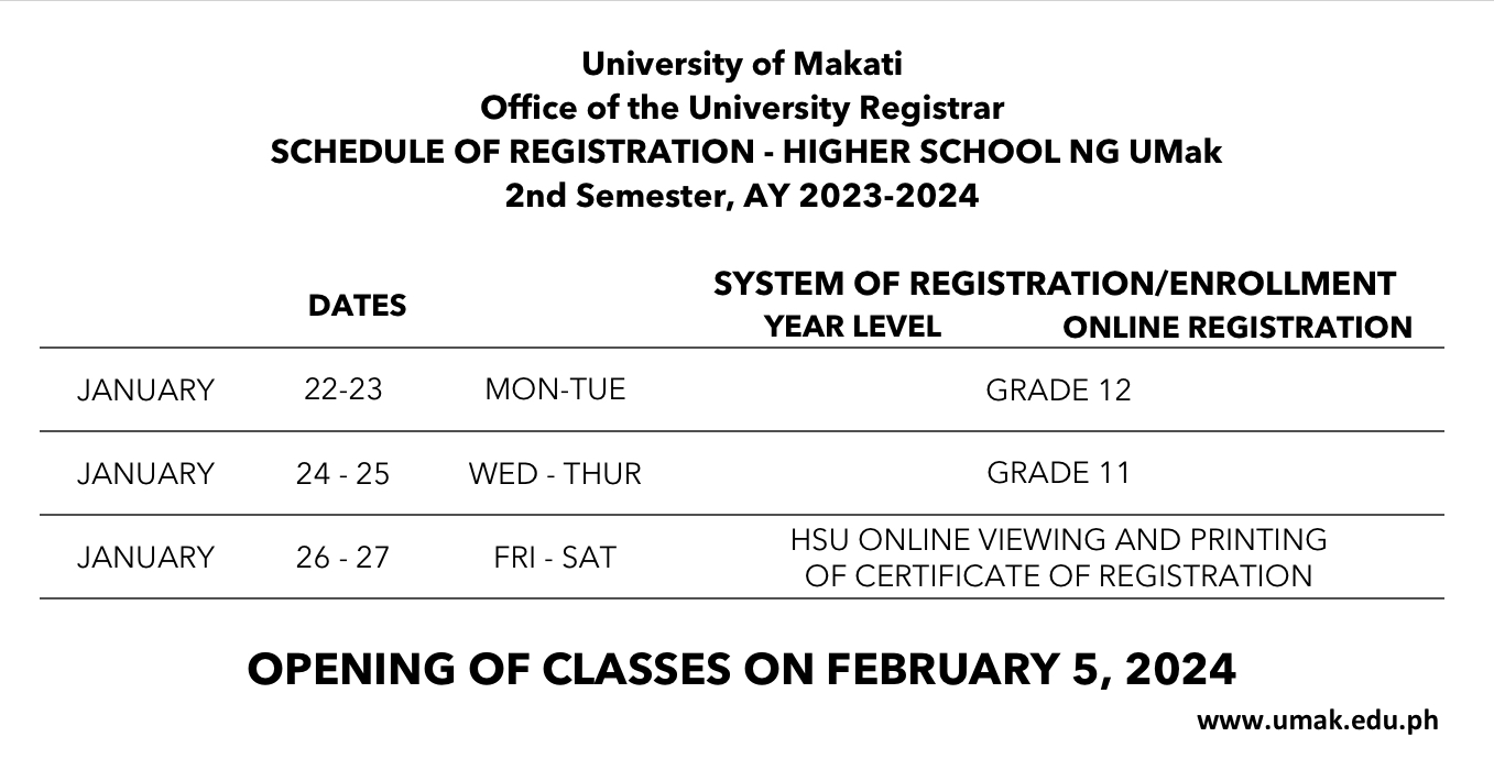 Registration Schedule for Second Sem, AY 2023-2024 - University of ...