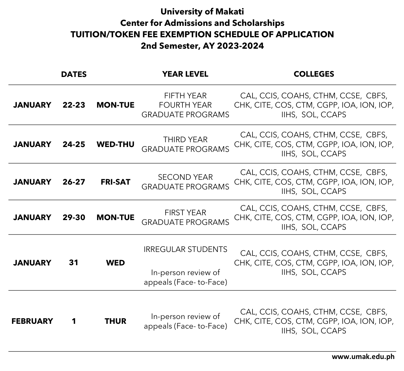 Scholarship Application Schedule - Second Sem, ’23-24 - University of Makati - PH